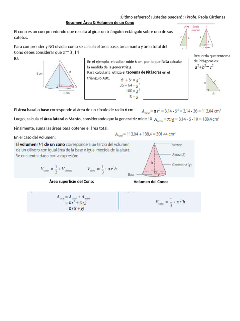 Resumen Calculo Area y Volumen de Un Cono | PDF