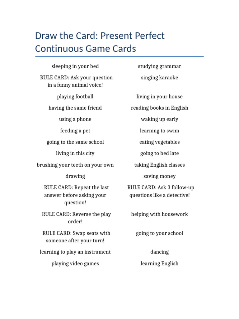 Present Perfect Continuous Cards | PDF