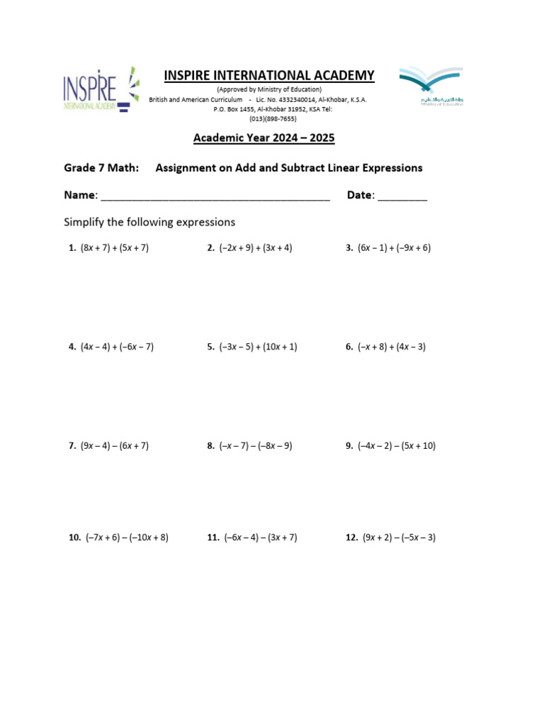 Lessons 5-2 & 5-3, Add and Subtract Linear Expressions | PDF