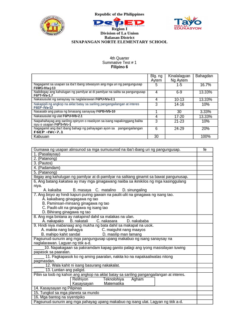 Filipino - q4 ST # 1 | PDF