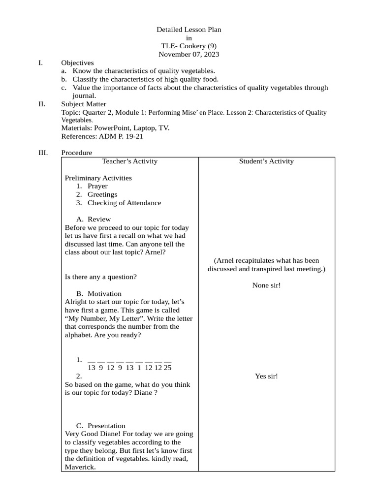 Detailed Lesson Plan 10 | PDF | Vegetables | Fruit