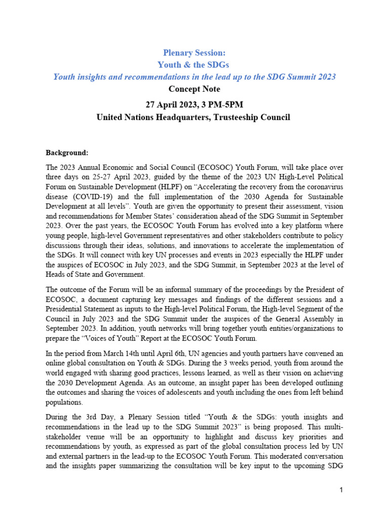 Plenary Session - Youth & The SDGs Youth Insights and Recommendations in The Lead Up To The SDG ...