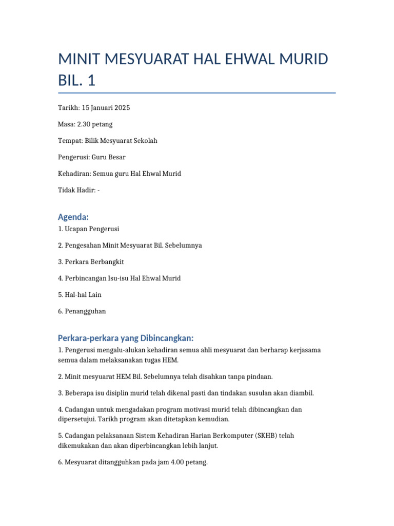 Minit Mesyuarat HEM Bil 1 | PDF