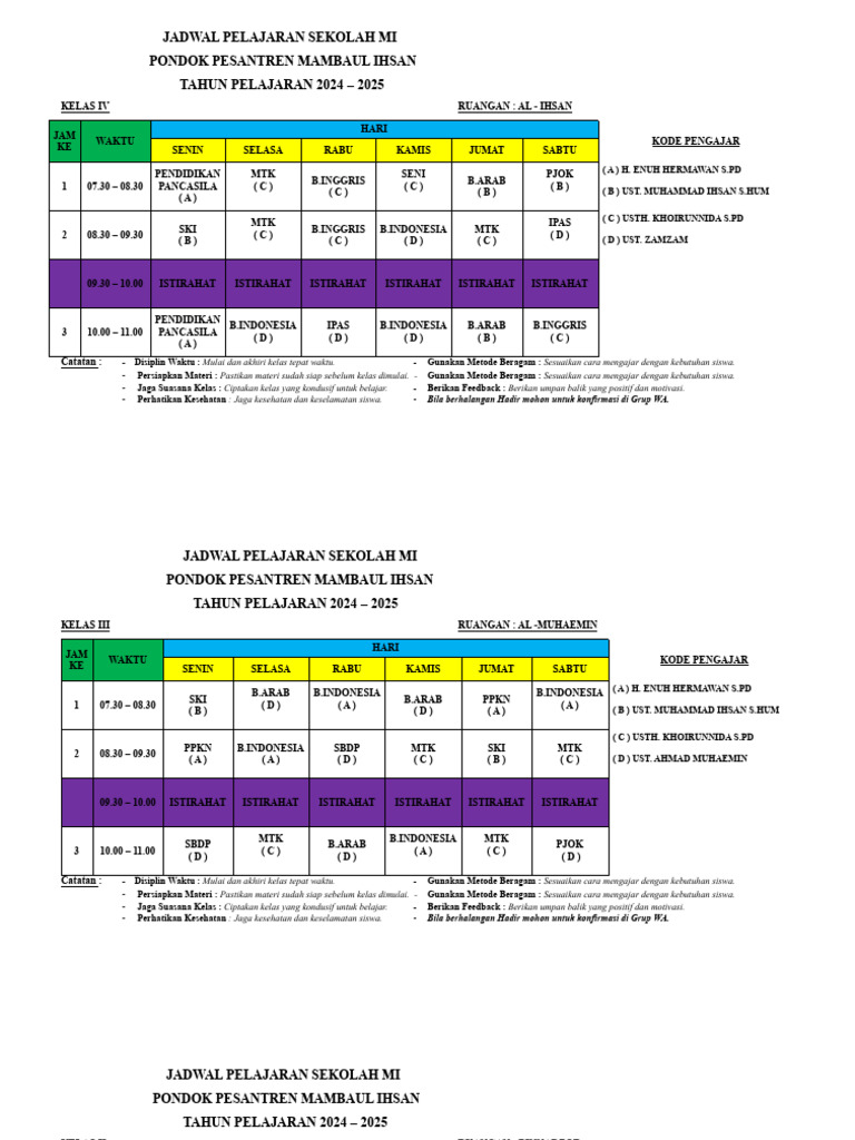 Jadwal Pelajaran MI 2024-2025 | PDF