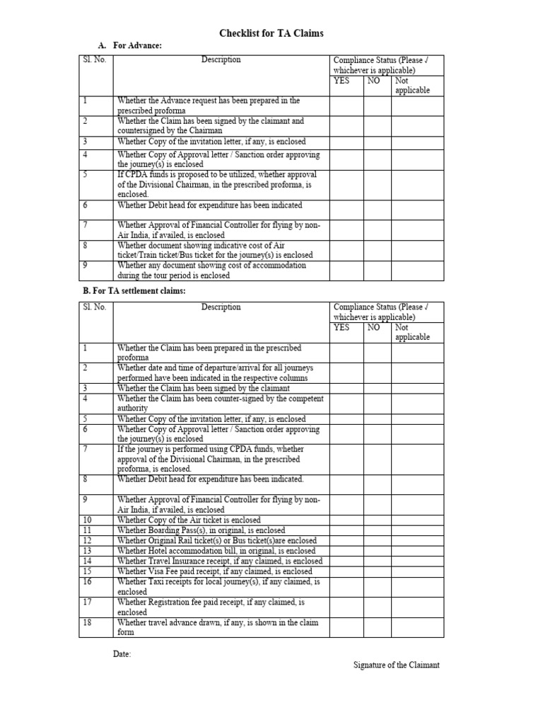 TA Claims Compliance Checklist | PDF