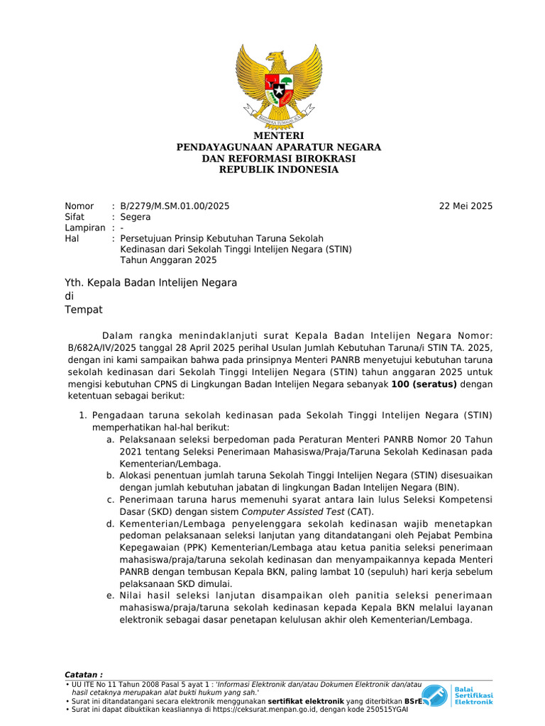 2279 Kepala BIN Persetujuan Prinsip Kebutuhan Taruna Sekolah Kedinasan ...