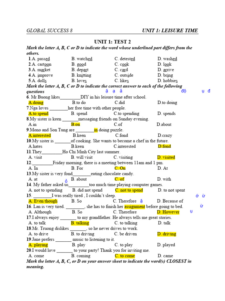 Global Success 8 Unit 1 Test Guide | PDF