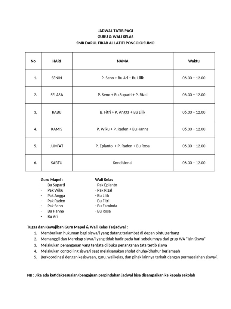 Jadwal Tatib Guru & Walikelas | PDF