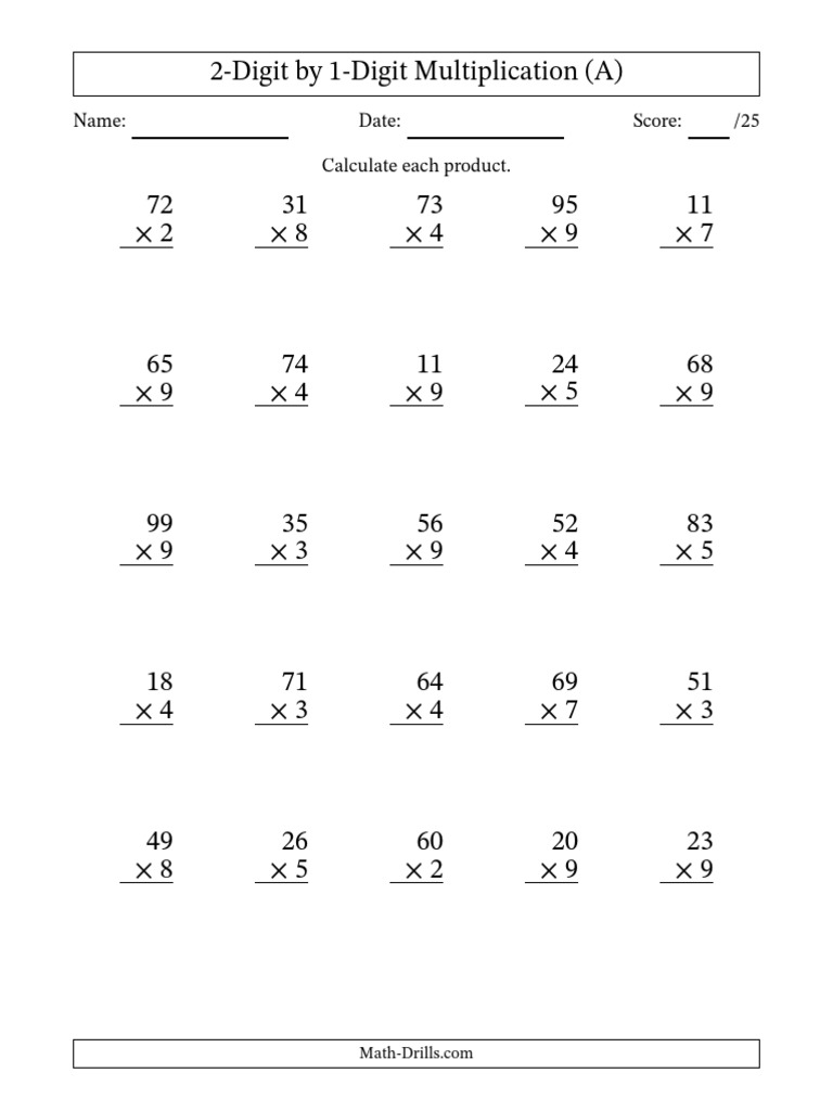 Long Multiplication Worksheet - Multiplying 2-Digit by 1-Digit Numbers ...