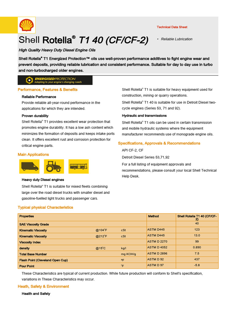 Shell Rotella T1 40 (CF/CF-2) : Performance, Features & Benefits | PDF ...