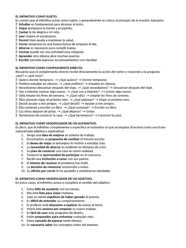Funciones del Infinitivo en Oraciones | PDF | Adverbio | Verbo