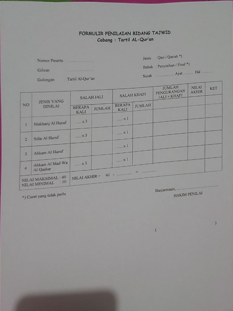 Format Nilai Bidang Tajwid | PDF