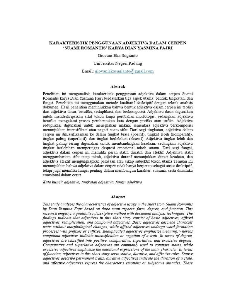 Klasifikasi Penggunaan Adjektiva Dalam Cerpen Suami Romantis' Giovani Eka Sugianto (22017072) | PDF