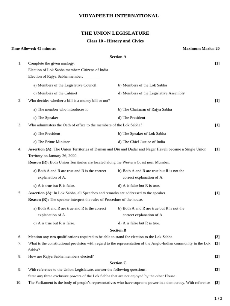 Union Legislature: Class 10 Quiz Guide | PDF | Justice | Crime & Violence