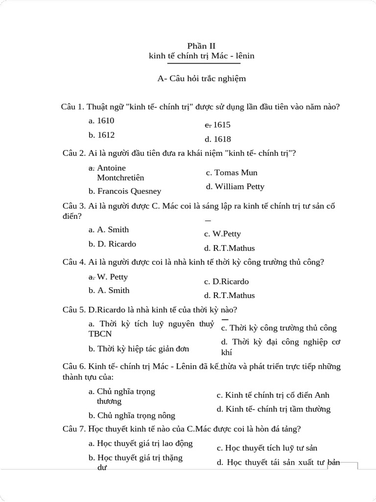 Cau Hoi Trac Nghiem Kinh Te Chinh Tri Mac Truong Dai Hoc Vinh 90822 | PDF