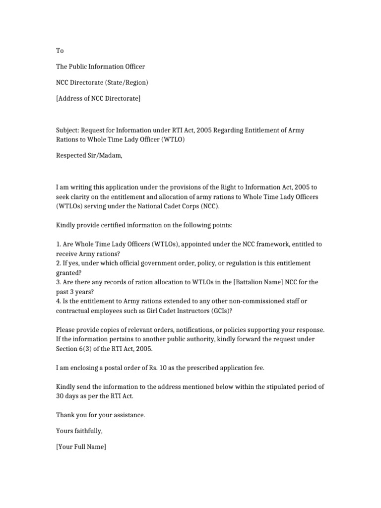 RTI Request WTLO Army Rations | PDF