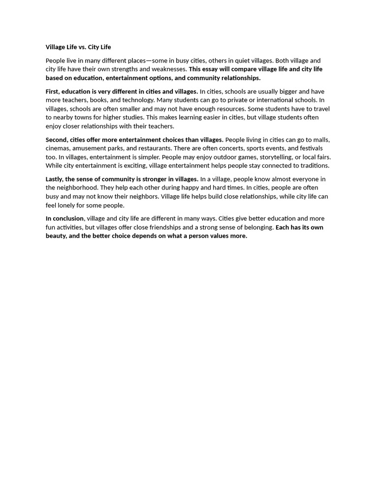 Village Life Vs City Life Essay | PDF