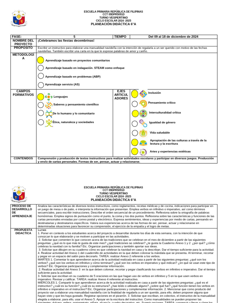Plan de Trabajo Celebramos Las Fiestas Decembrinas | PDF | Aprendizaje ...