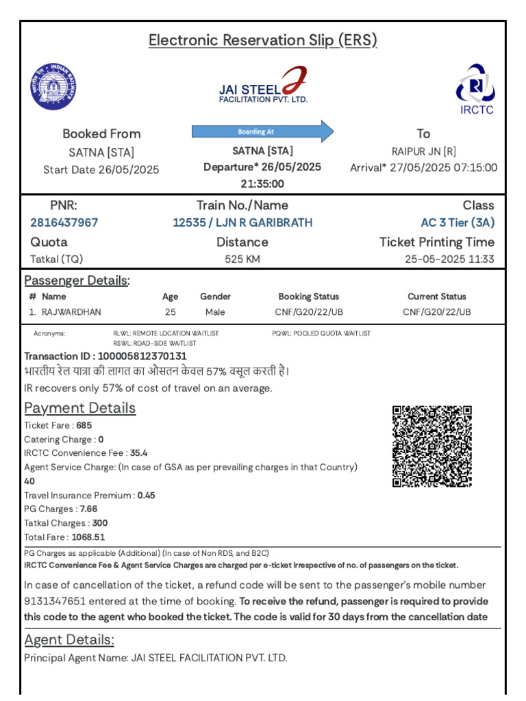 Electronic Reservation Slip (ERS) : Booked From To | PDF
