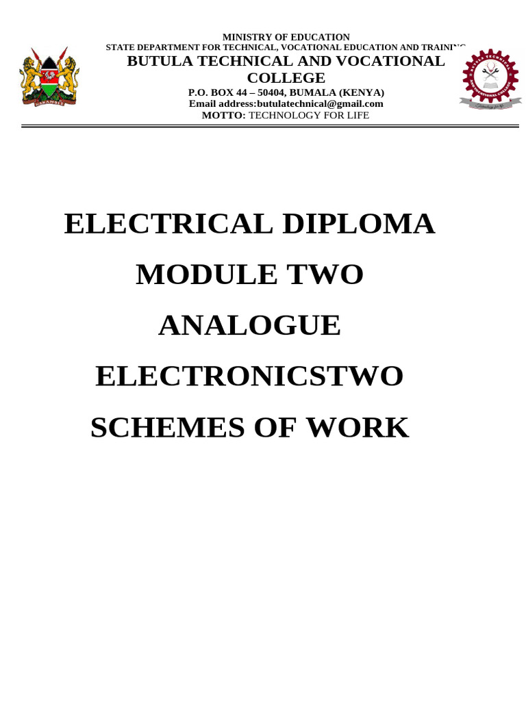 Analogue Electronics II Schemes of Work For Diploma in Electrical and Electronics Engineering ...