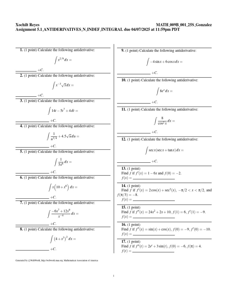 Math 009b 001 25s Gonzalez - Xreye008.5.1 Antiderivatives N Indef ...
