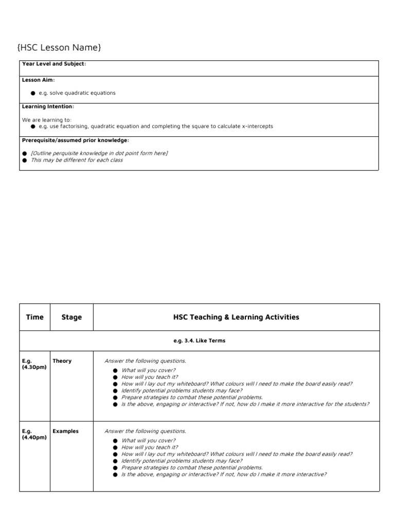 HSC Lesson Plan: Quadratic Equations | PDF