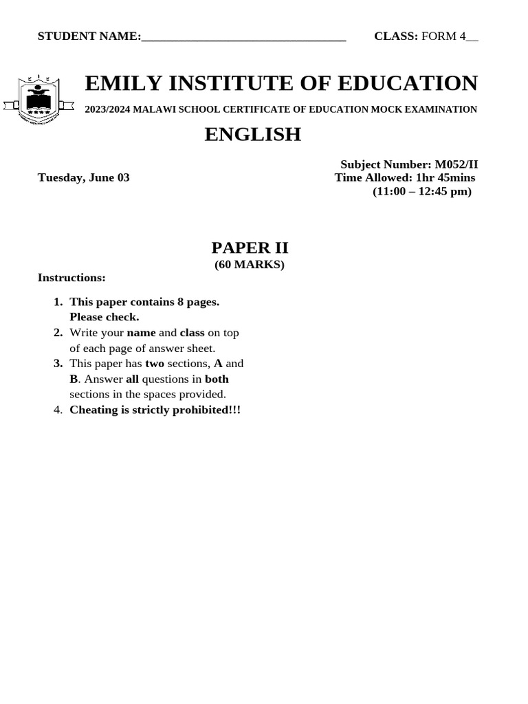 2023 Malawi English Mock Exam Paper | PDF