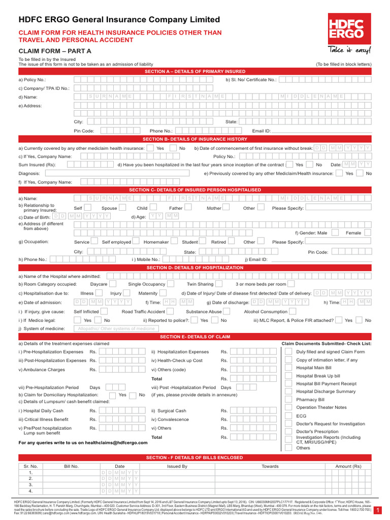 HDFC ERGO Health Insurance Claim Form | PDF | Insurance | Hospital