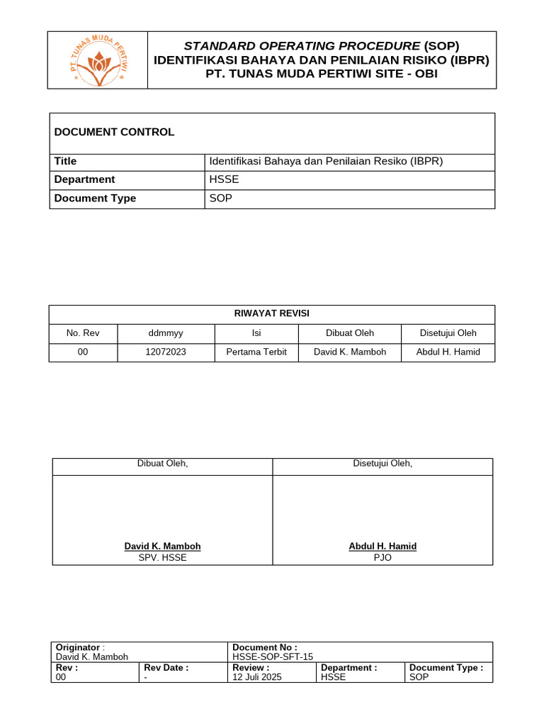HSSE TMP-SOP-SFT-17 Identifikasi Bahaya Dan Penilaian Risiko (IBPR) | PDF