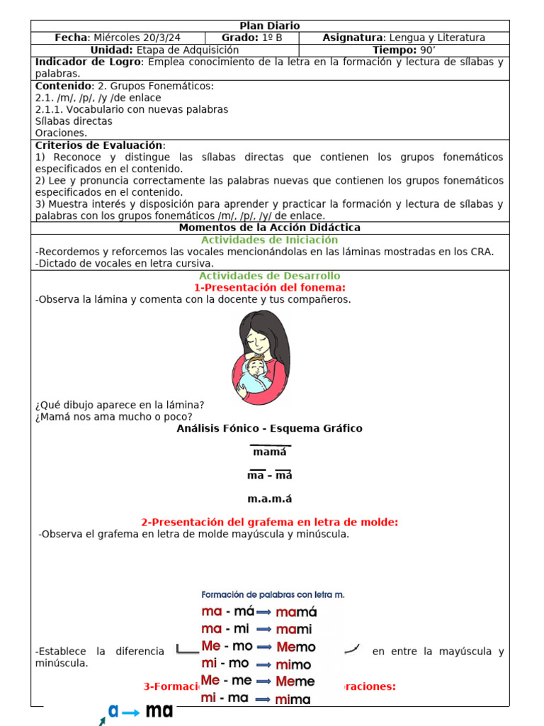 LyL - 1er Grado - Ejemplo de Plan. | PDF | Sílaba | Fónica