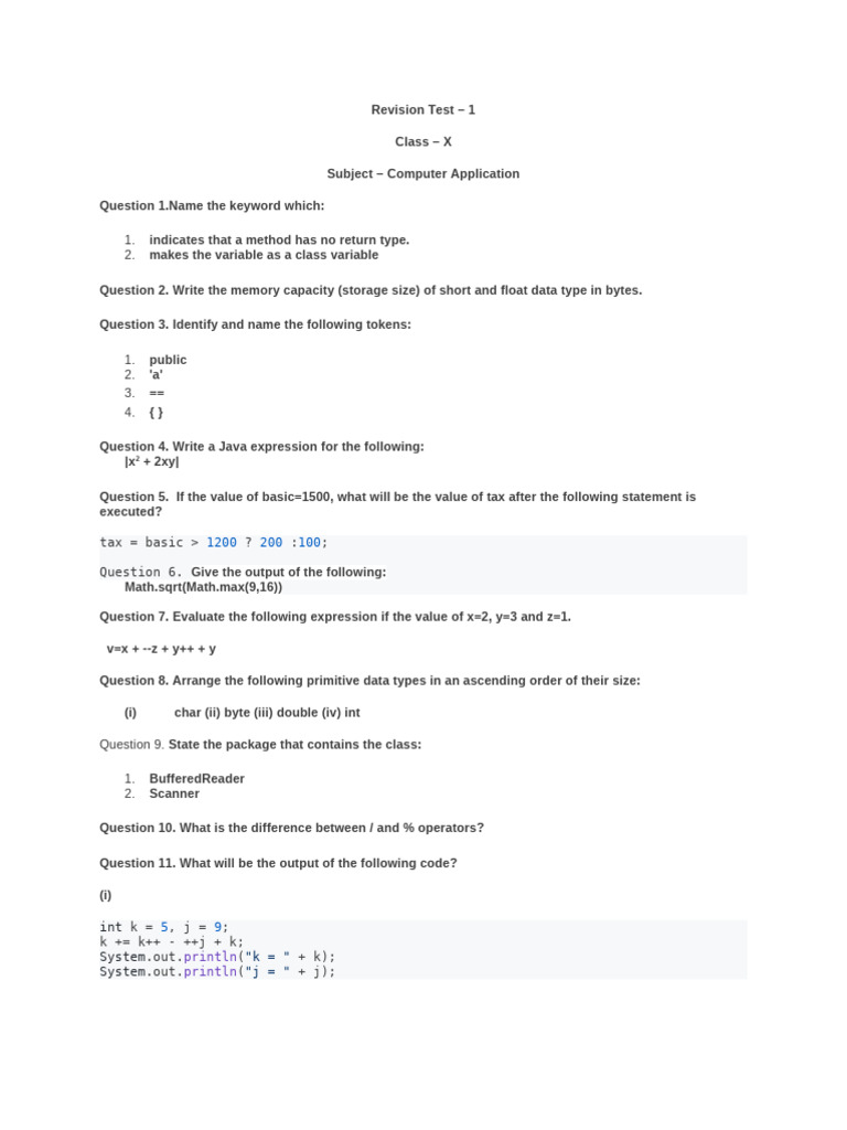 Revision Test 1 XTH Computer Applications | PDF | Boolean Data Type ...