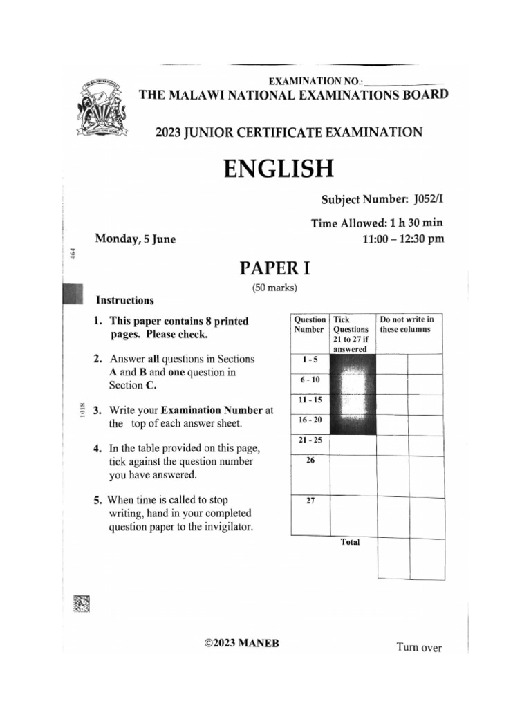 2023 Maneb Jce English I | PDF