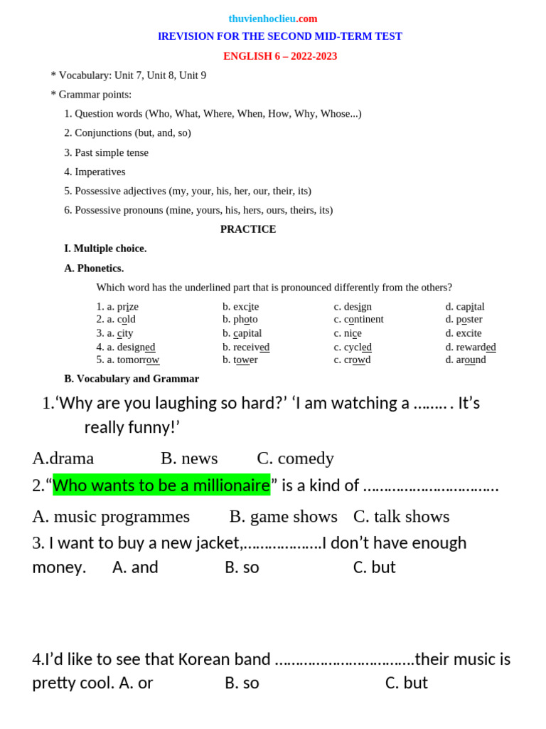 De Cuong On Tap Tieng Anh 6 Giua HK2 | PDF | Linguistics