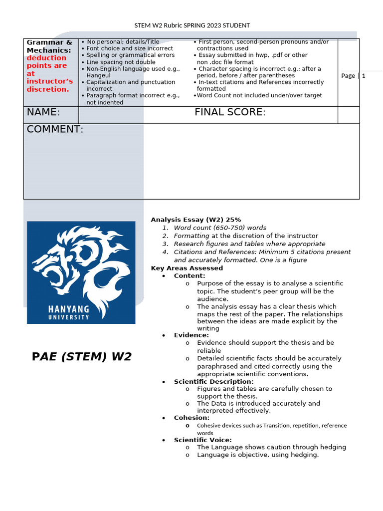 w2 Stem Rubric - Spr. 2024 Student | PDF | Thesis | Citation