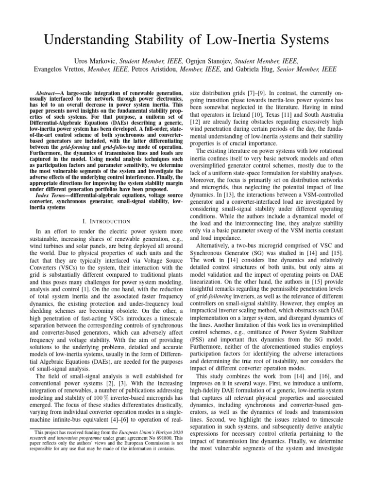 Understanding Stability of Low Inertia Systems Journal Paper | PDF | Electric Generator ...