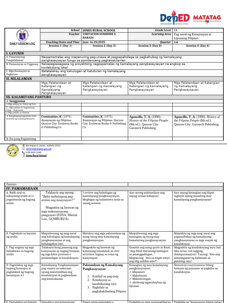 Jones Rural School: Daily Lesson Log | PDF
