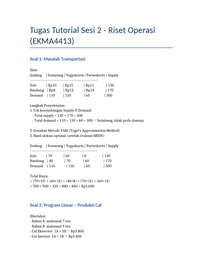 Jawaban Tugas Riset Operasi Sesi 2 | PDF