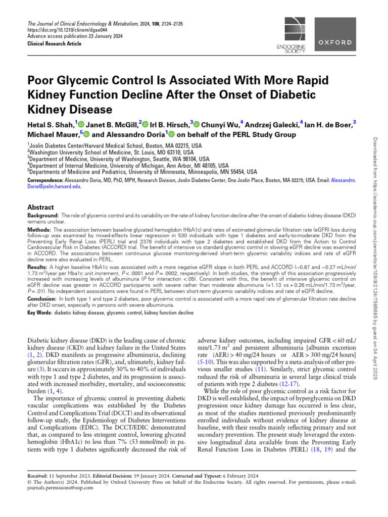 Poor Glycemic Control Is Associated With More Rapid Kidney Function ...