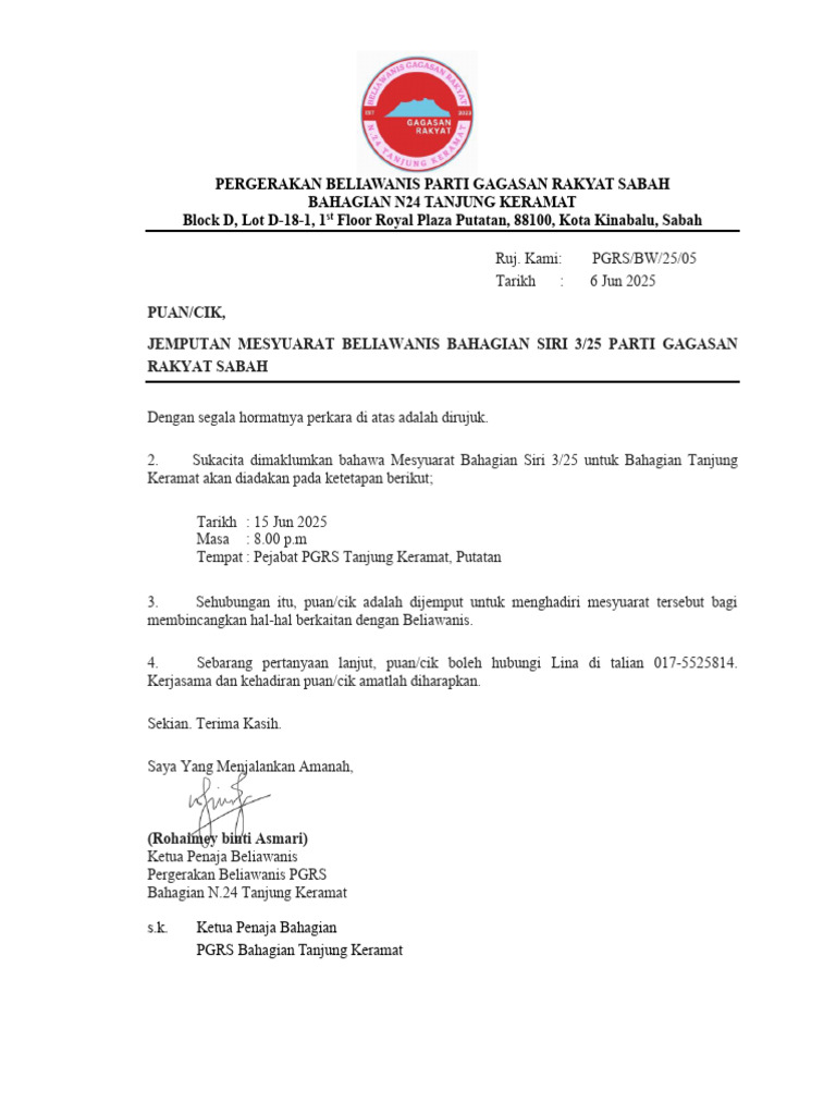 Contoh Surat Jemputan Mesyuarat | PDF