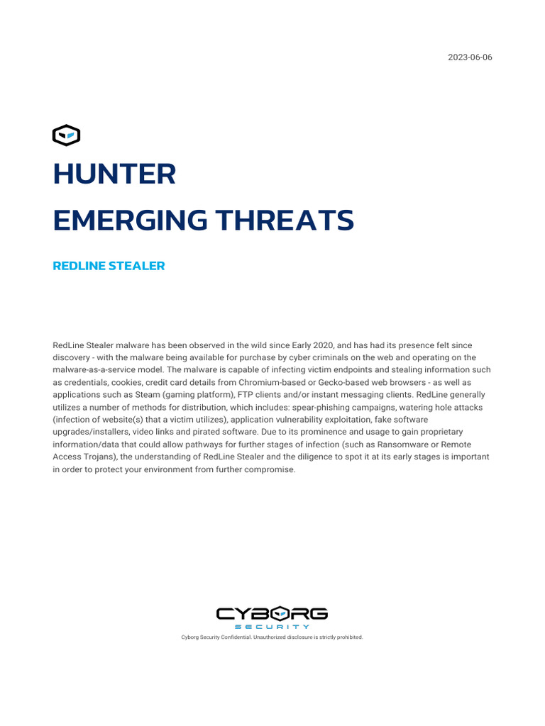 Redline Stealer - HUNTER Emerging Threats | PDF | Malware | Phishing