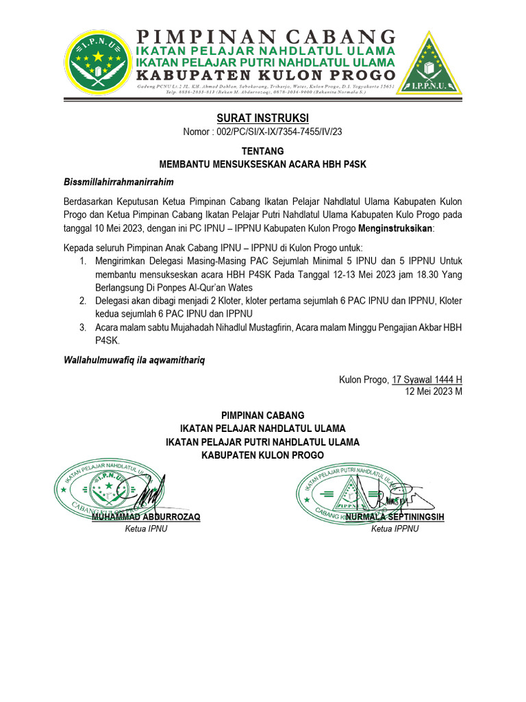Surat Instruksi Membantu Acara HBH P4SK | PDF