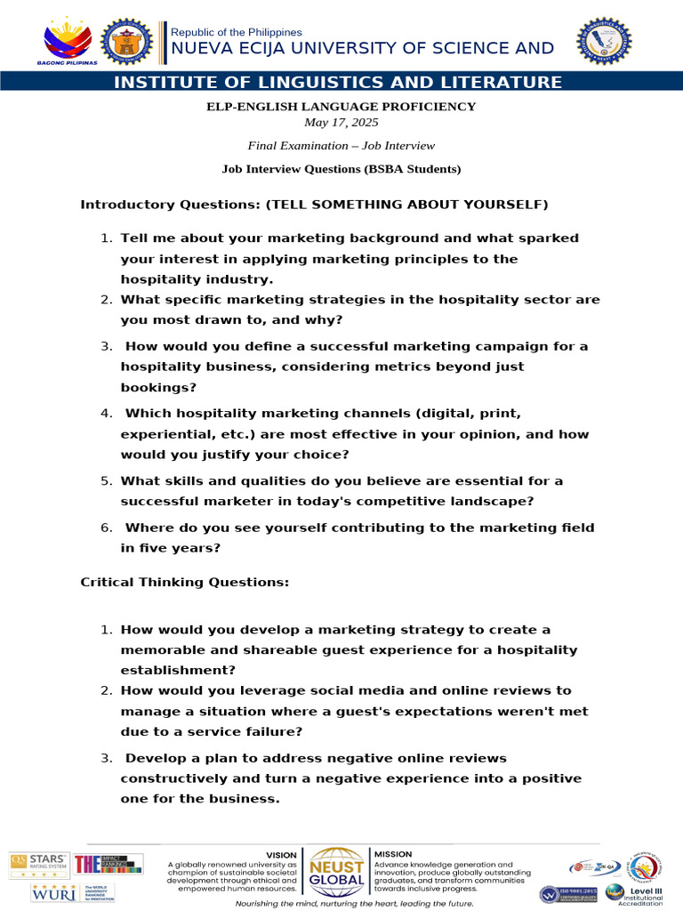 Final Examination in Elp Practical Exam Job Interview | PDF | Job Interview | Thought