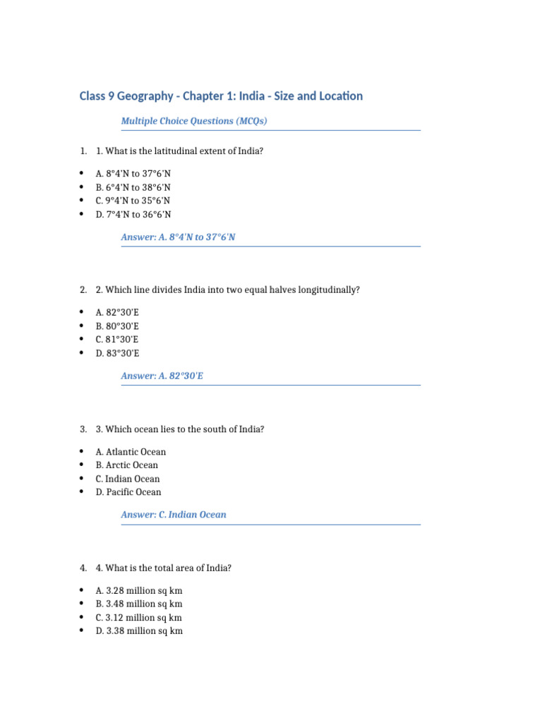 Class 9 Geography Chapter 1 MCQs | PDF