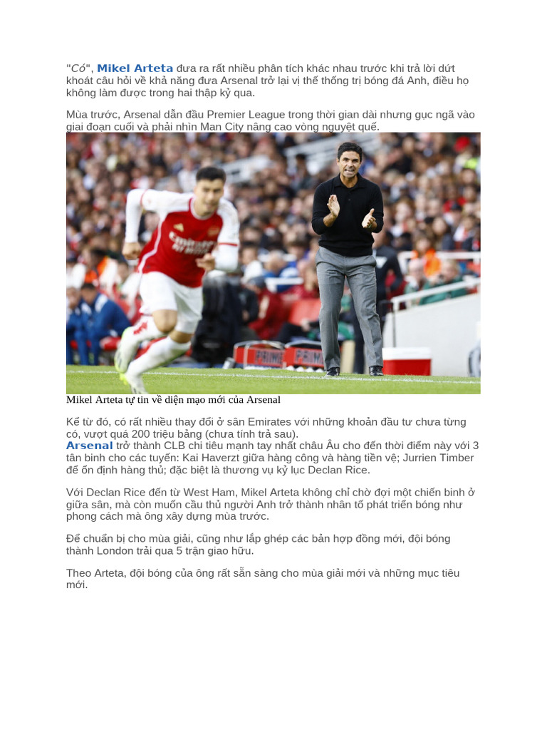 Mikel Arteta: Mikel Arteta tự tin về diện mạo mới của Arsenal | PDF
