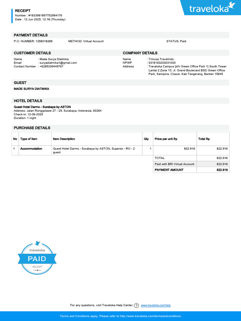 Receipt Hotel Bli Surya | PDF