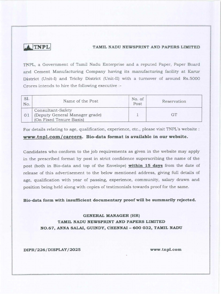 Consultant SafetyDGM Grade TNPL | PDF