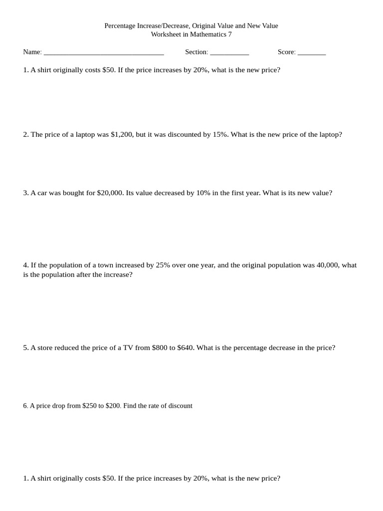Percentage Increase/Decrease, Original Value and New Value Worksheet in Mathematics 7 Name ...