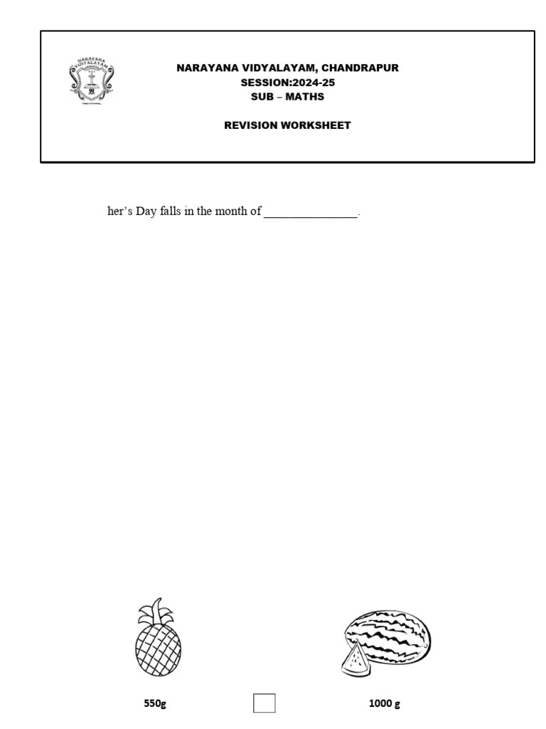 Class 2 Maths Revision Worksheet | PDF