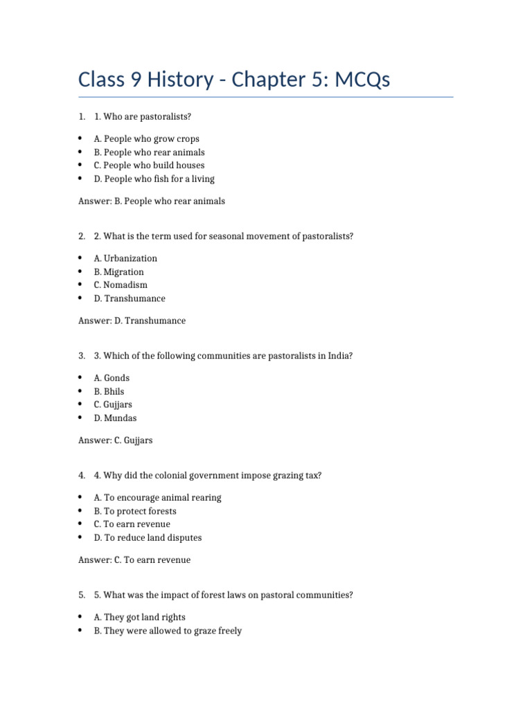 Class9 History Chapter5 MCQs | PDF