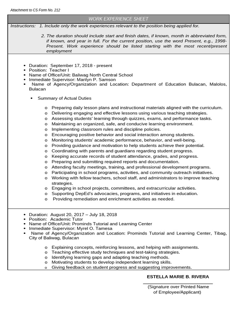 Work Experience Sheet Edited | PDF | Learning | Teachers
